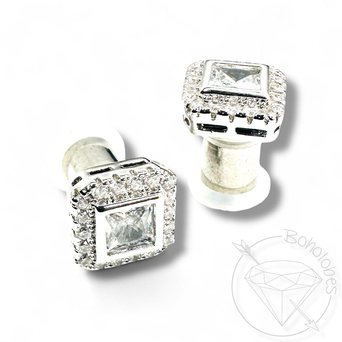 Clear crystal modern princess cut plugs square CZ halo stud white gold ...